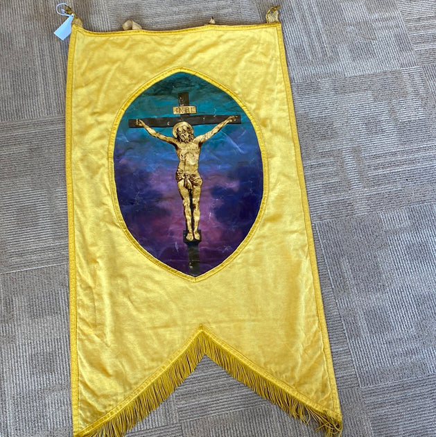 RETURNED Antique Velvet and Painted Processional Banner of Crucifix ...